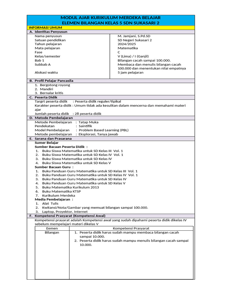 Modul Ajar Kurikulum Merdeka Belajar Tinggal Print | PDF
