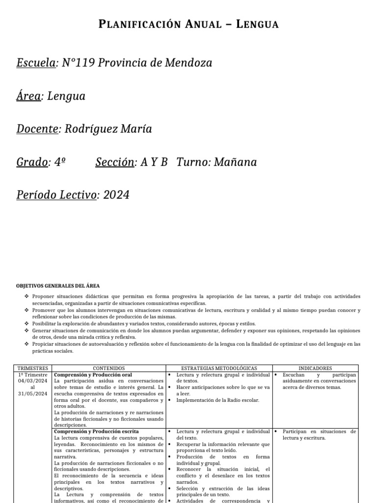 Planificación Anual 2024 DE 4° GRADO-1 | PDF
