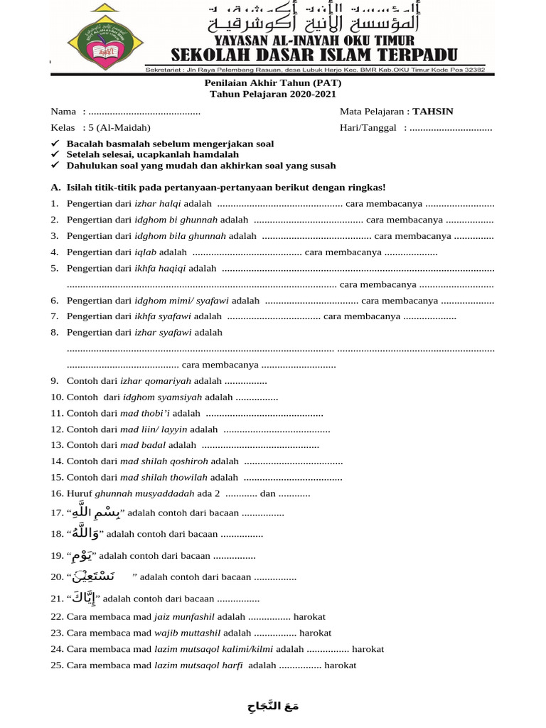 Soal Tahsin Kelas 5 PAT Sem. Genap 2020-2021 | PDF