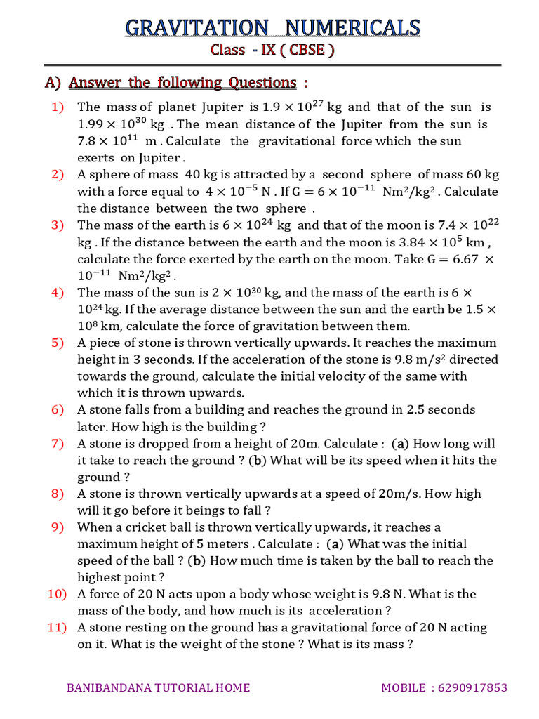 Numericals On Gravitation - IX (CBSE) | PDF | Mass | Social Science