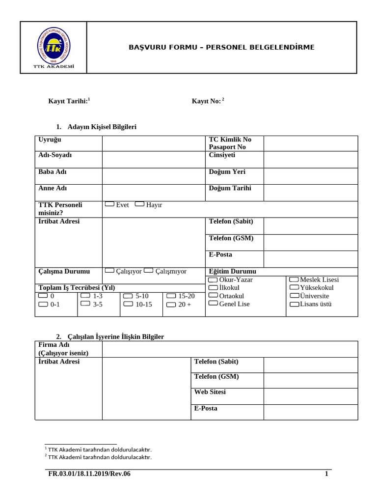 FR - 03.01 - Başvuru Formu - Personel Belgelendirme - R06 | PDF