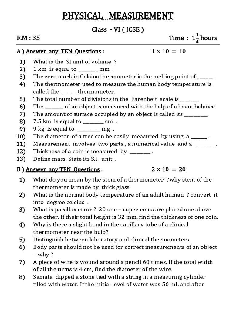 Class VI Physical Measurement Questions | PDF | Thermometer | Measurement