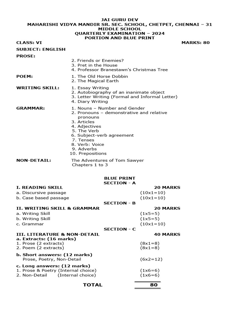 Class Vi - Quarterly Exam - Por & BP | PDF
