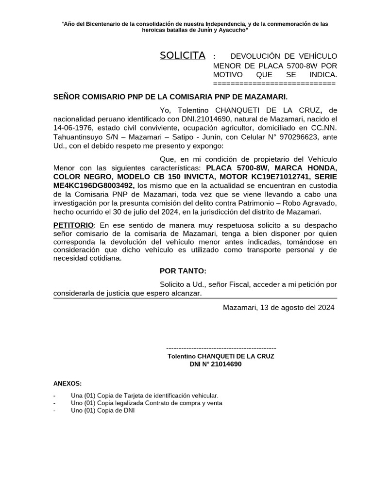 Solicito Devolucion de Vehiculo Menor 13 Agos2024 | PDF