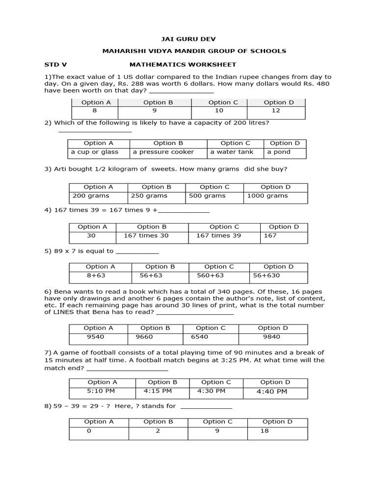 STD V Safal Math Worksheet | PDF