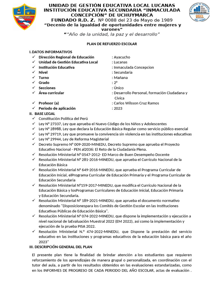 PLAN DE REFUERZO ESCOLAR 2do | PDF