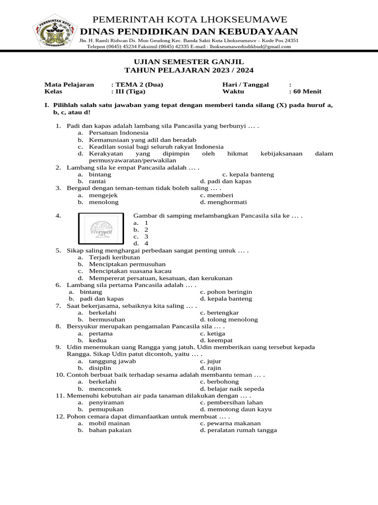 Ujian Semester Ganjil Kelas Iii 2023 2024 Pdf Indonesia