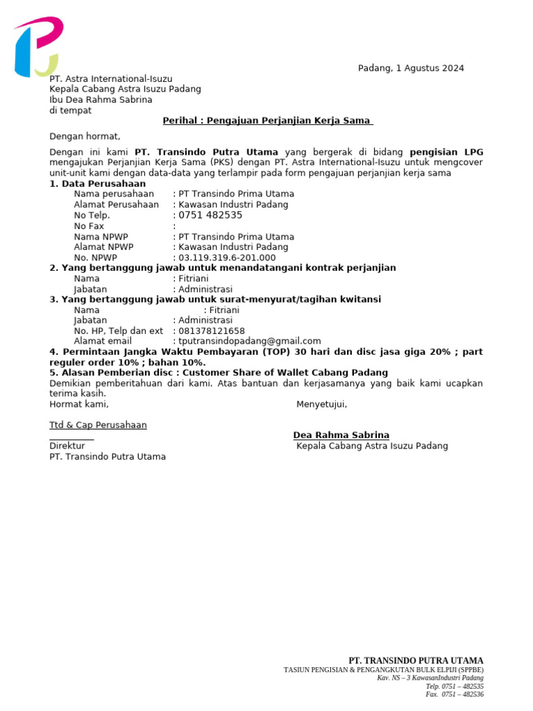 Format Pengajuan PKS PT Transindo | PDF