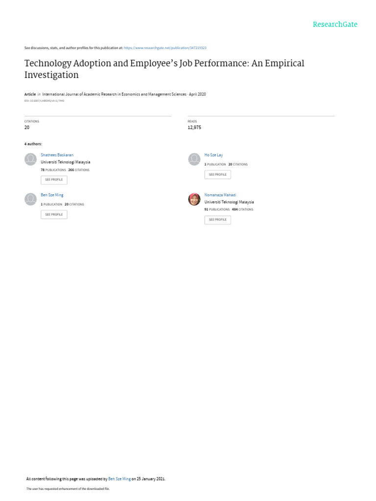 Technology Adoption and Employees Job Performance | PDF
