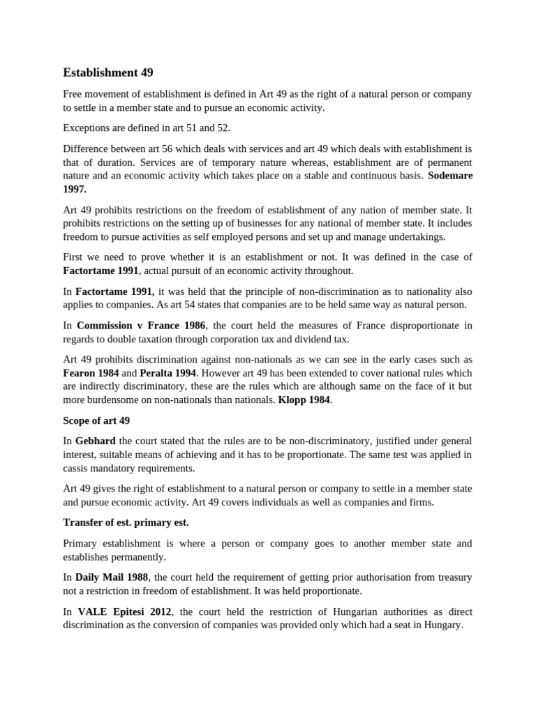 Free Movement of Establishment | PDF | Justice | Crime & Violence