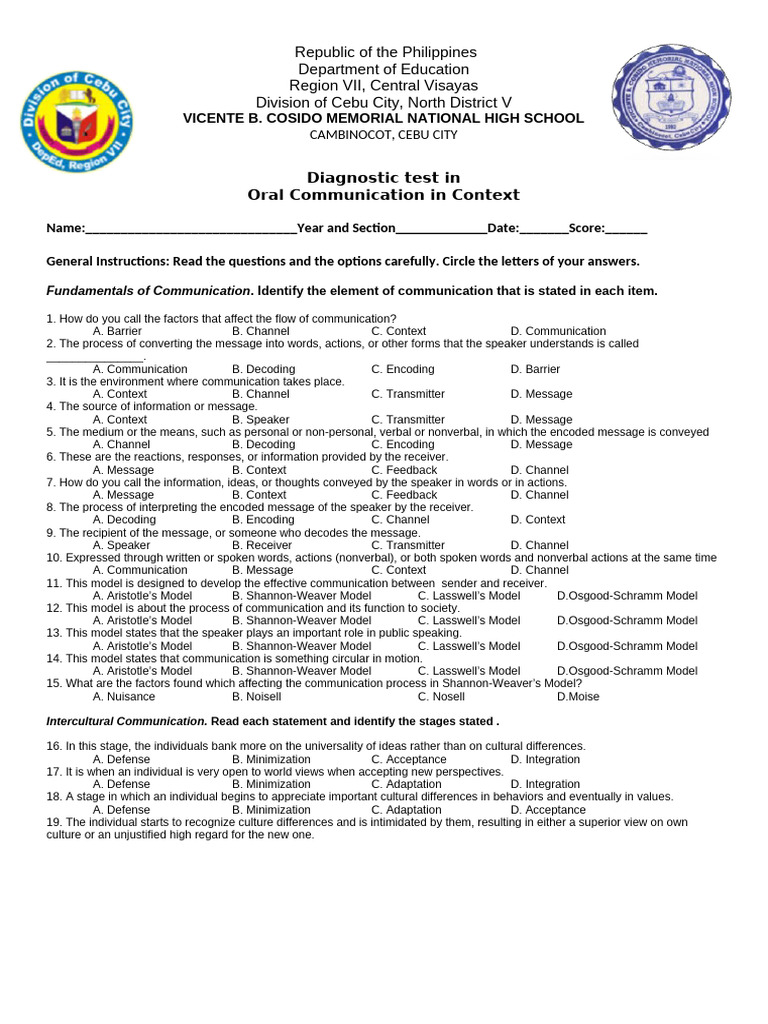 Diagnostic Test in Oral Communication in Context | PDF