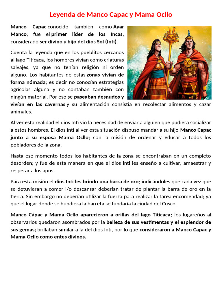 Leyenda de Manco Capac y Mama Ocllo Y HERMANOS AYAR | PDF