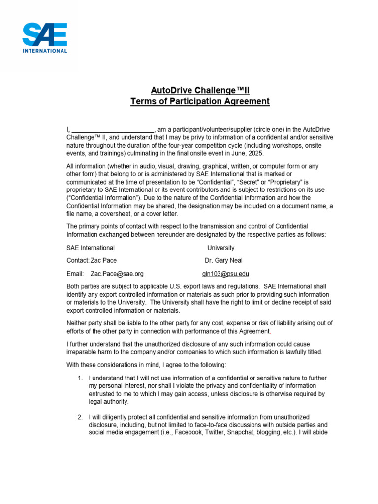 AutoDrive Challenge II Terms of Participation SAE Student Final-1 | PDF
