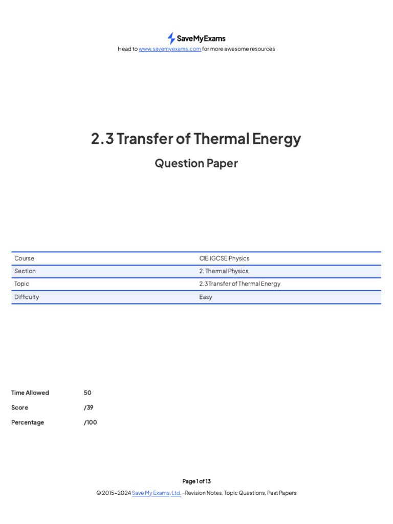 IGCSE - Physics - Thermal Transfer Method (Theory - Level 1) | PDF