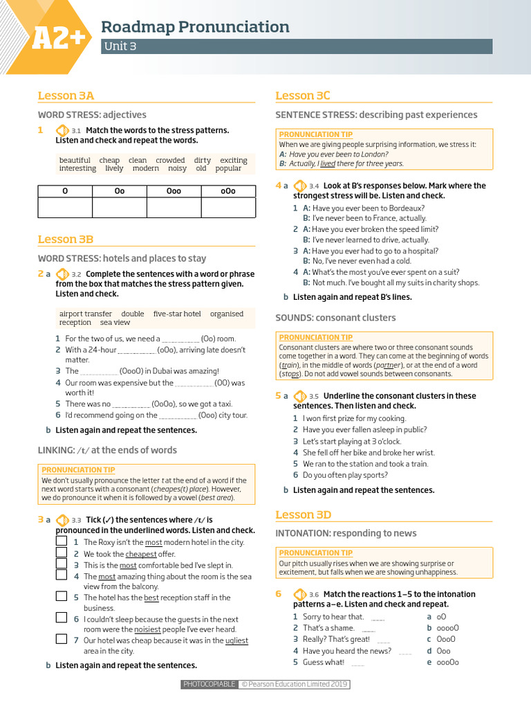 ROADMAP A2+ Pronunciation Worksheet Unit | PDF