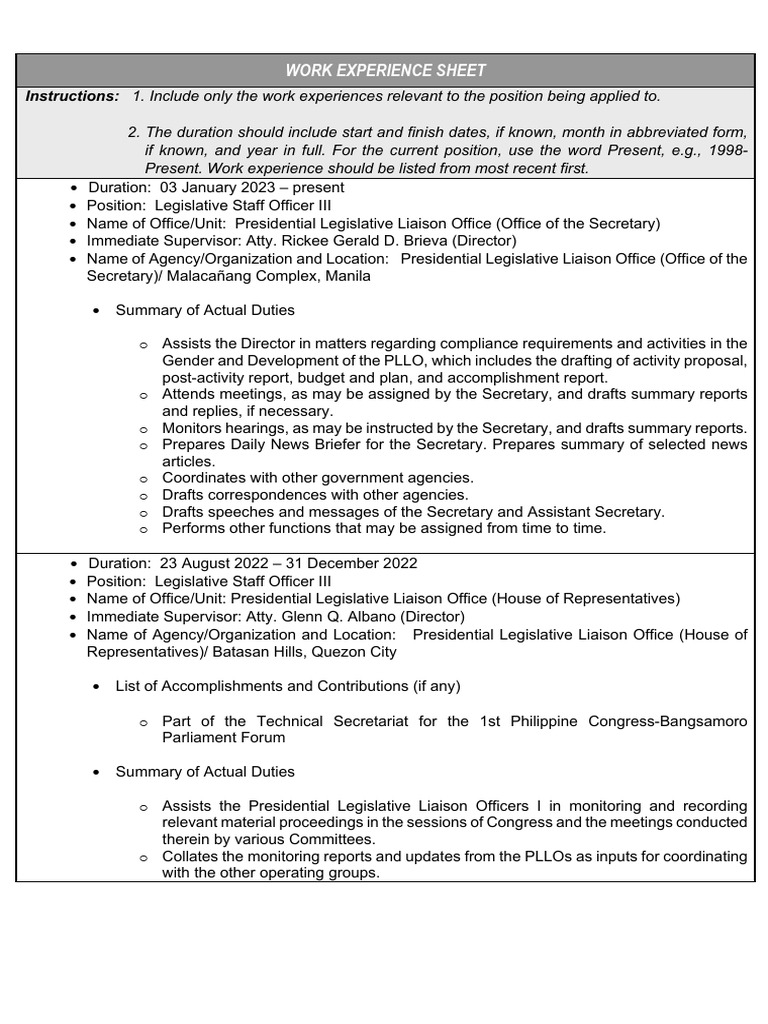 CS Form No. 212 Attachment - Work Experience Sheet - PDF (11 June 2024 ...