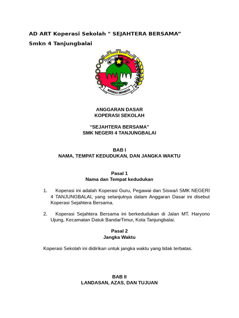 AD ART Koperasi Sekolah SMKN 4 | PDF