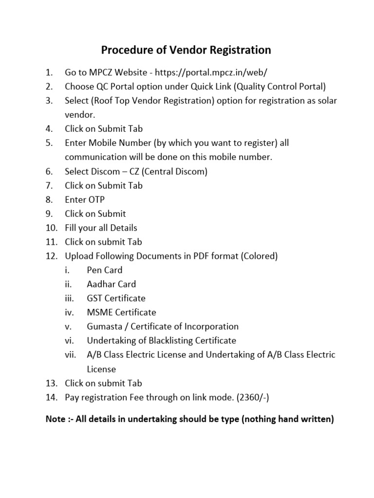 MPCZ Solar Vendor Registration Process | PDF