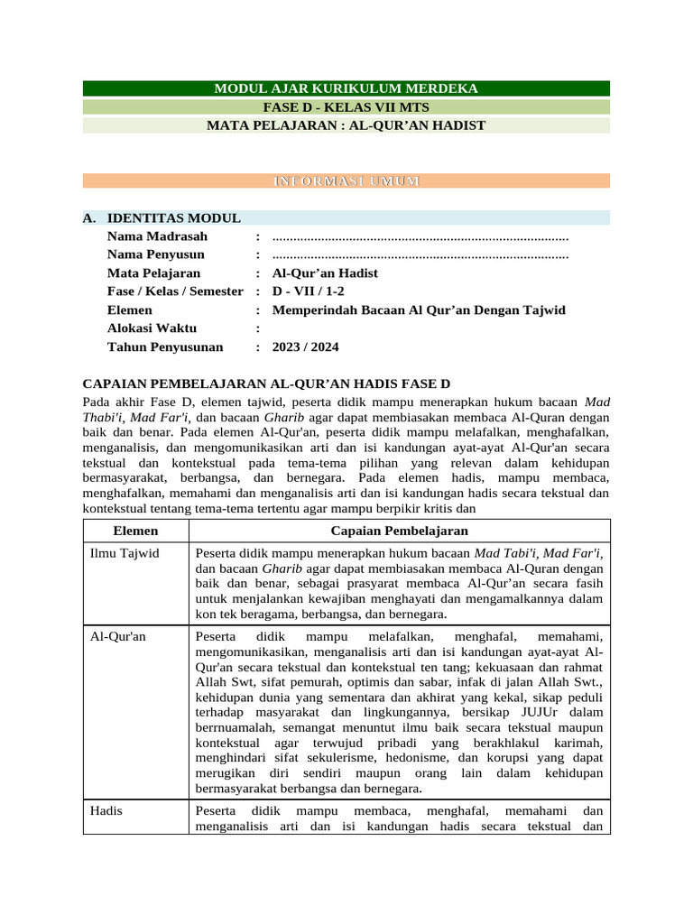 Modul Qurdis 7 Bab 4 - Bacaan Al-Qur - An Dengan Tajwid | PDF