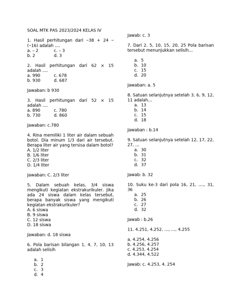 MTK Soal Pas 2024 | PDF