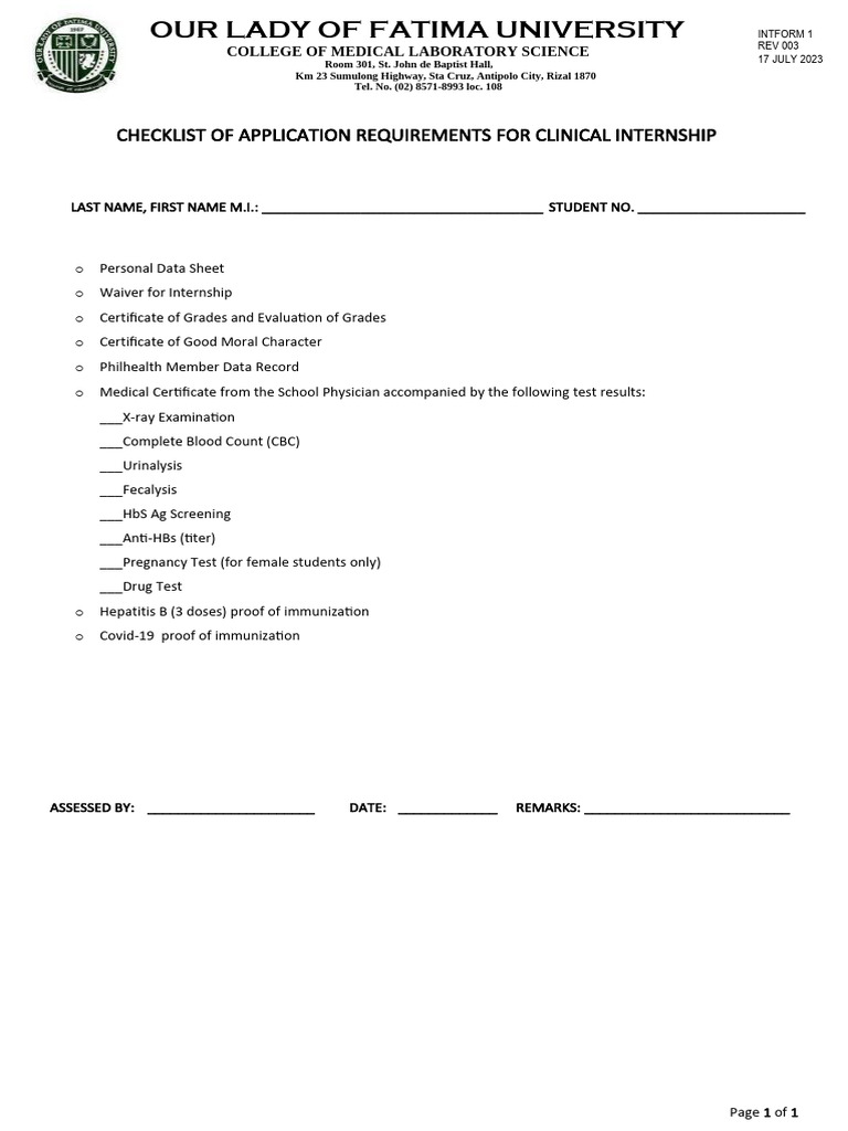 Checklist of Requirements For Clinical Internship | PDF