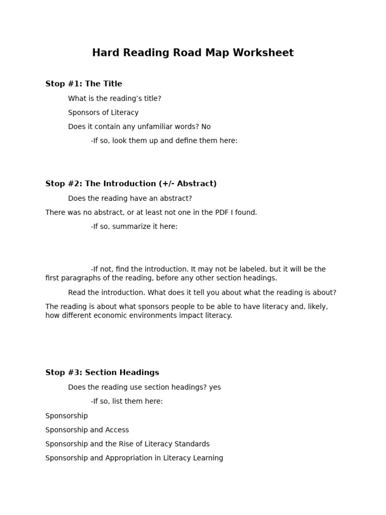 ENG 122 107 Hard Reading Road Map Worksheet-1 | PDF