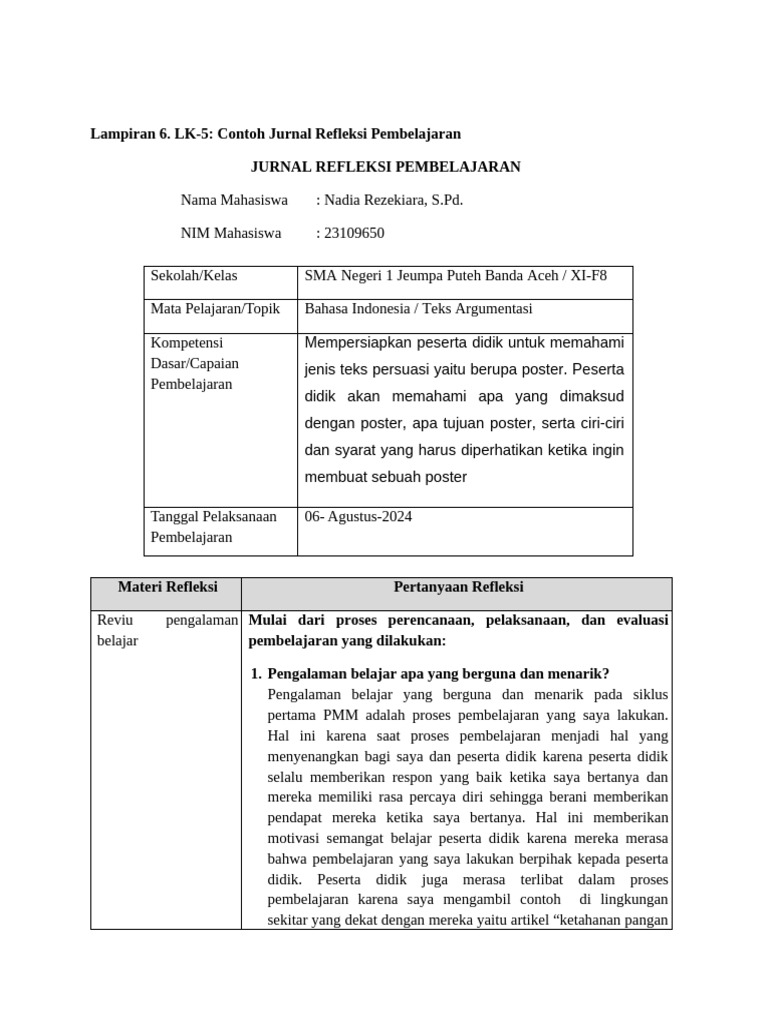 LK 5 JURNAL REFLEKSI PEMBELAJARAN PMM SIKLUS I PPL II (Manda Rizki Pratiwi) | PDF