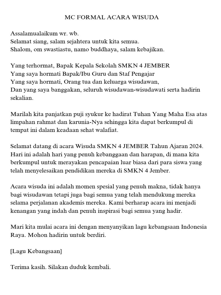 Teks MC Wisuda SMKN 4 Jember | PDF | Perjalanan | Kajian Bahasa Asing