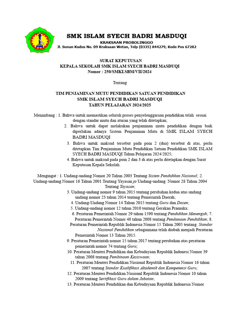 SK TIM PENJAMIN MUTU SEKOLAH (TPMPS) Fix | PDF