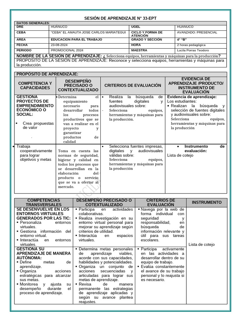 Sesion - 1° Ept Selecciona Equipos, Herramients y Maquinas - 19-08-24 | PDF