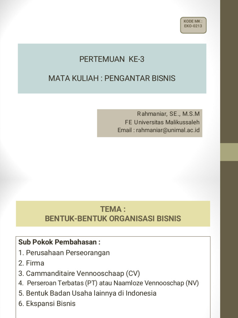 Pertemuan Ke-3 Mk. Pengantar Bisnis (Bentuk2 Organisasi Bisnis) | PDF