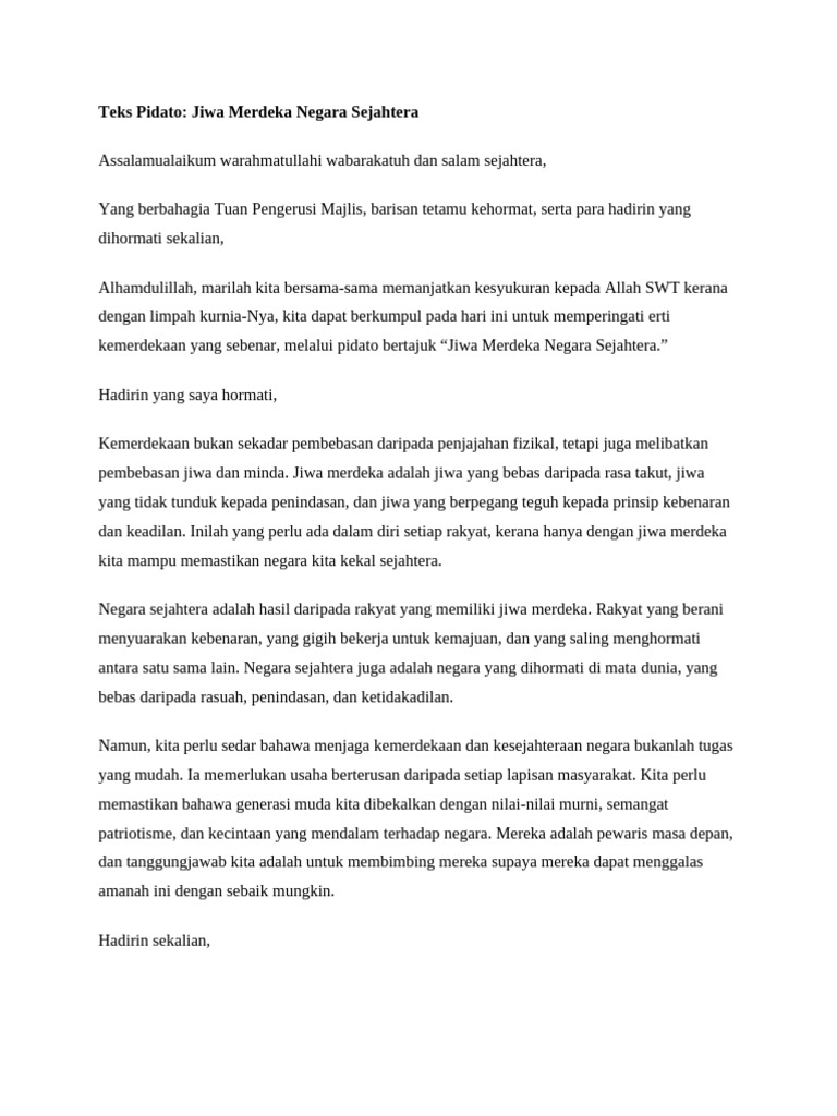 Teks Pidato Jiwa Merdeka Negara Sejahtera | PDF