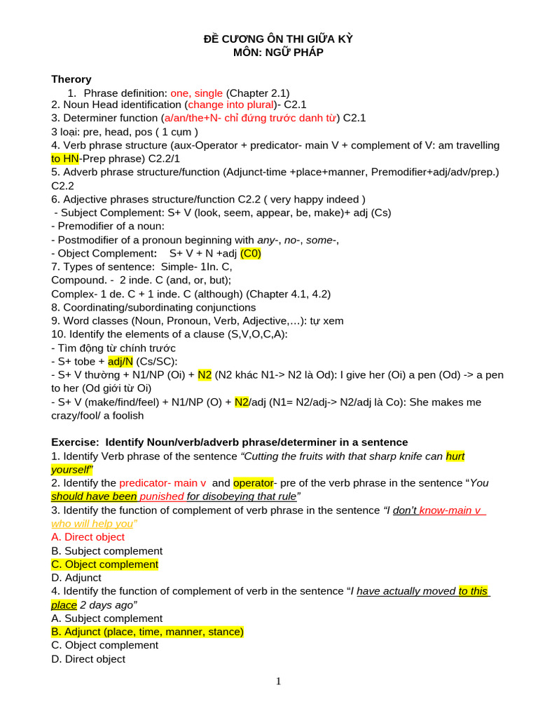 Đề cương ôn thi GK Ngữ pháp | PDF