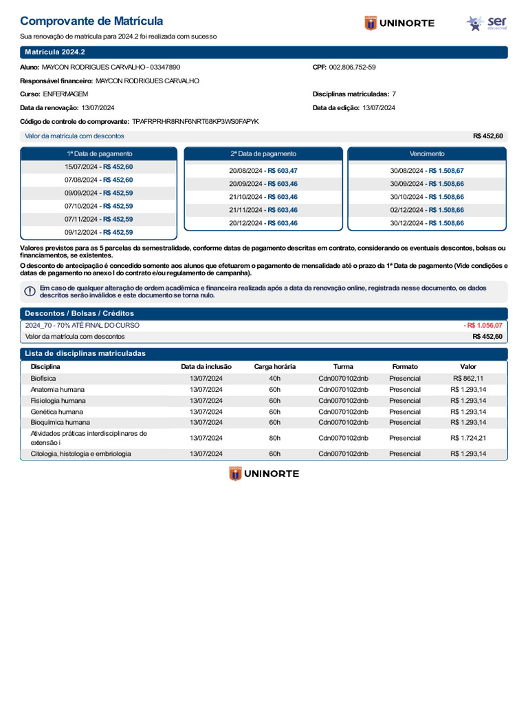 Comprovante Matricula | PDF