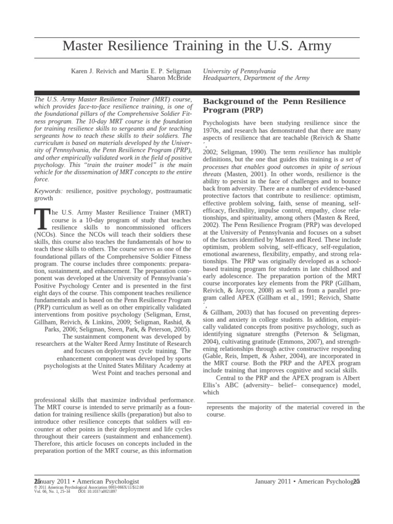 Master Resilience Training in The U.S. Army ARTICULO | PDF