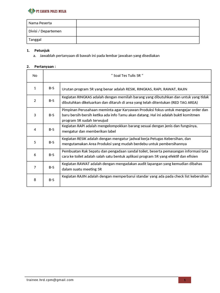 Soal Tes Materi 5R | PDF