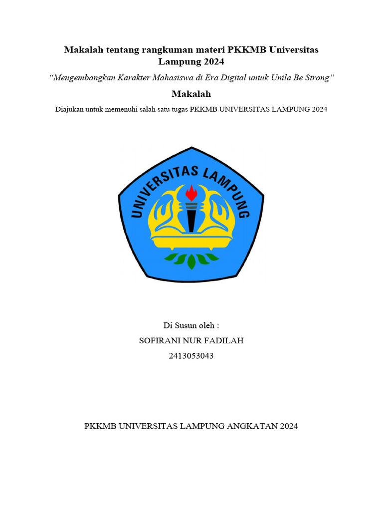 Makalah Tentang Rangkuman Materi PKKMB Universitas Lampung 2024 (Sofirani Nur Fadilah) | PDF
