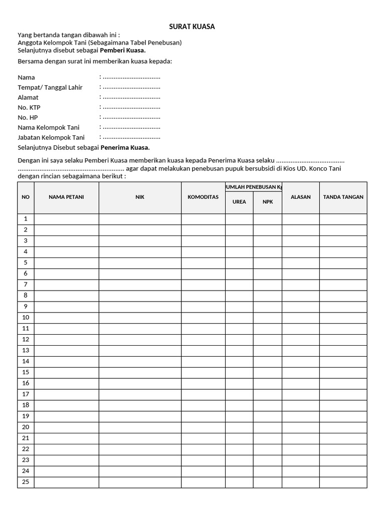 SURAT KUASA PENEBUSAN PUPUK Pak Cipto. Format Baruu | PDF SURAT KUASA PENEBUSAN PUPUK Pak Cipto. Format Baruu | PDF