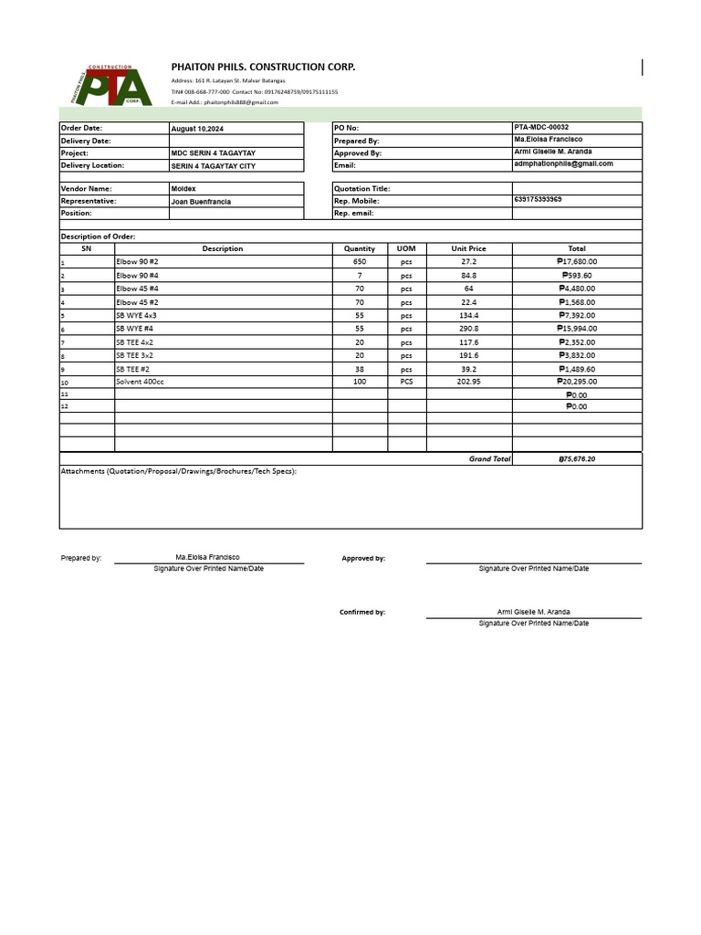 PHAITON PO FORM - Copy of PTA-MDC-00032 (Moldex) | PDF