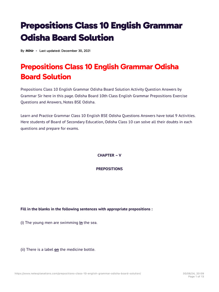 Prepositions Class 10 English Grammar Odisha Board Solution | PDF