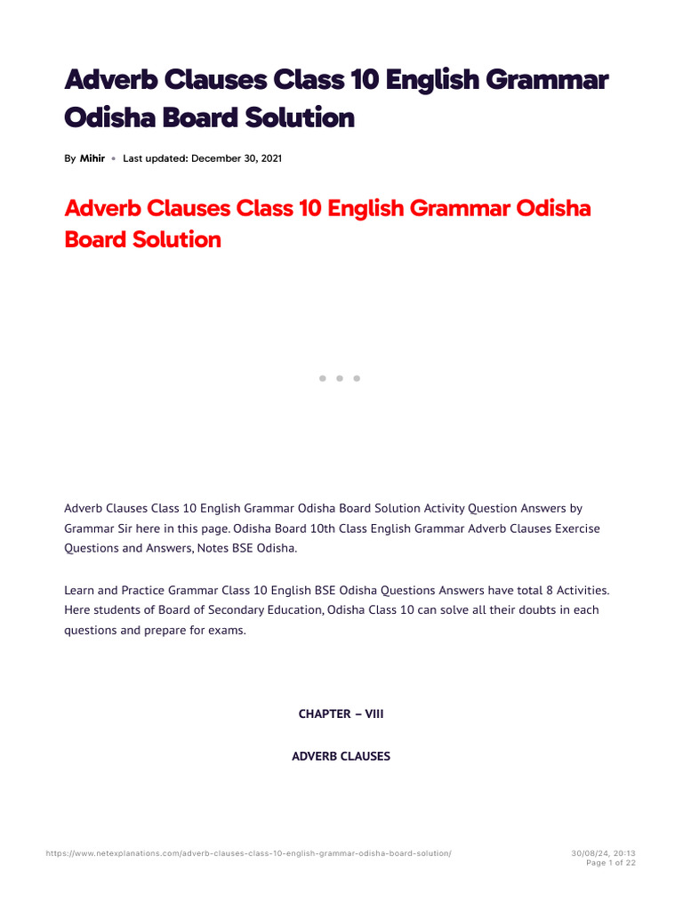Adverb Clauses Class 10 English Grammar Odisha Board Solution | PDF ...