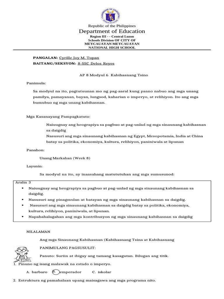 Ap8 q1 Module 6 Kabihasnang Tsino | PDF