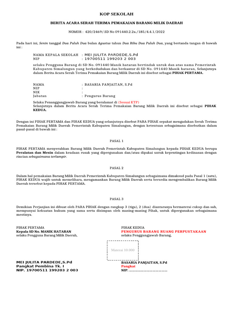 #Format BA Pemakaian Dan Pakta Integritas | PDF
