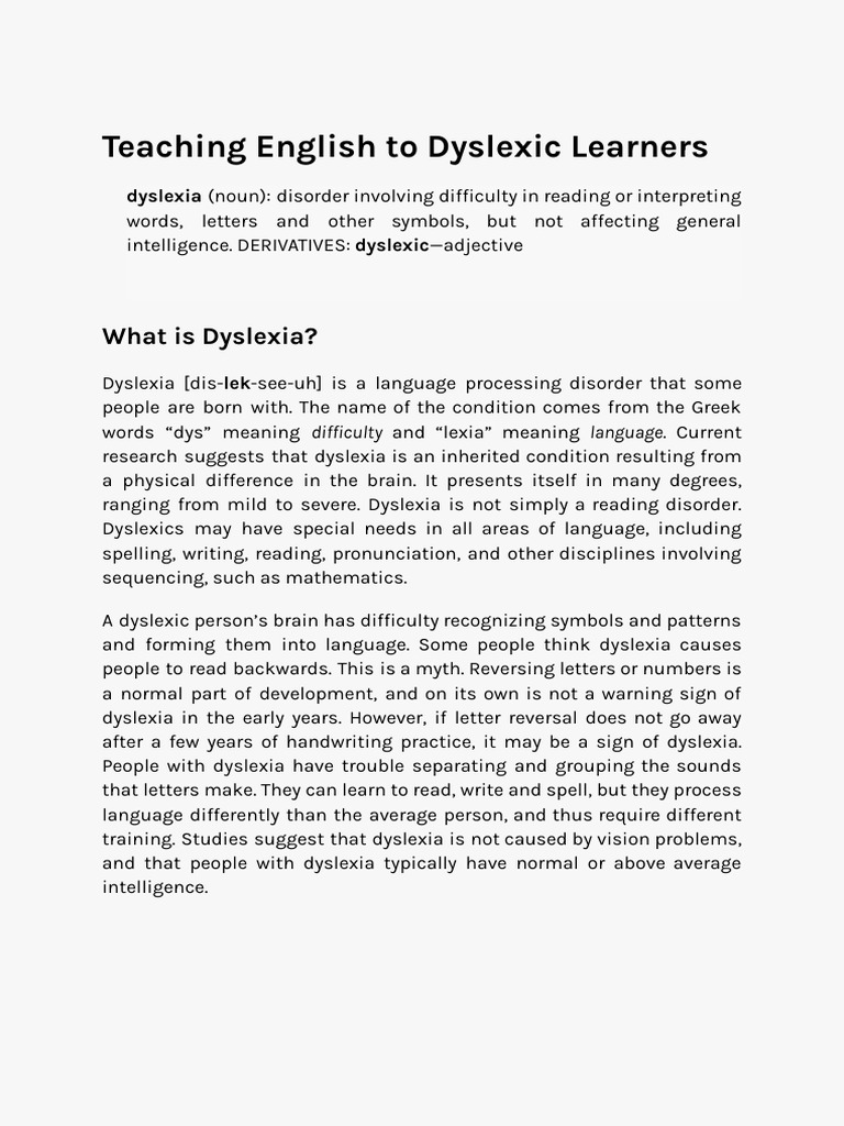 Teaching English To Dyslexic Learners | PDF | Dyslexia | Language Arts & Discipline