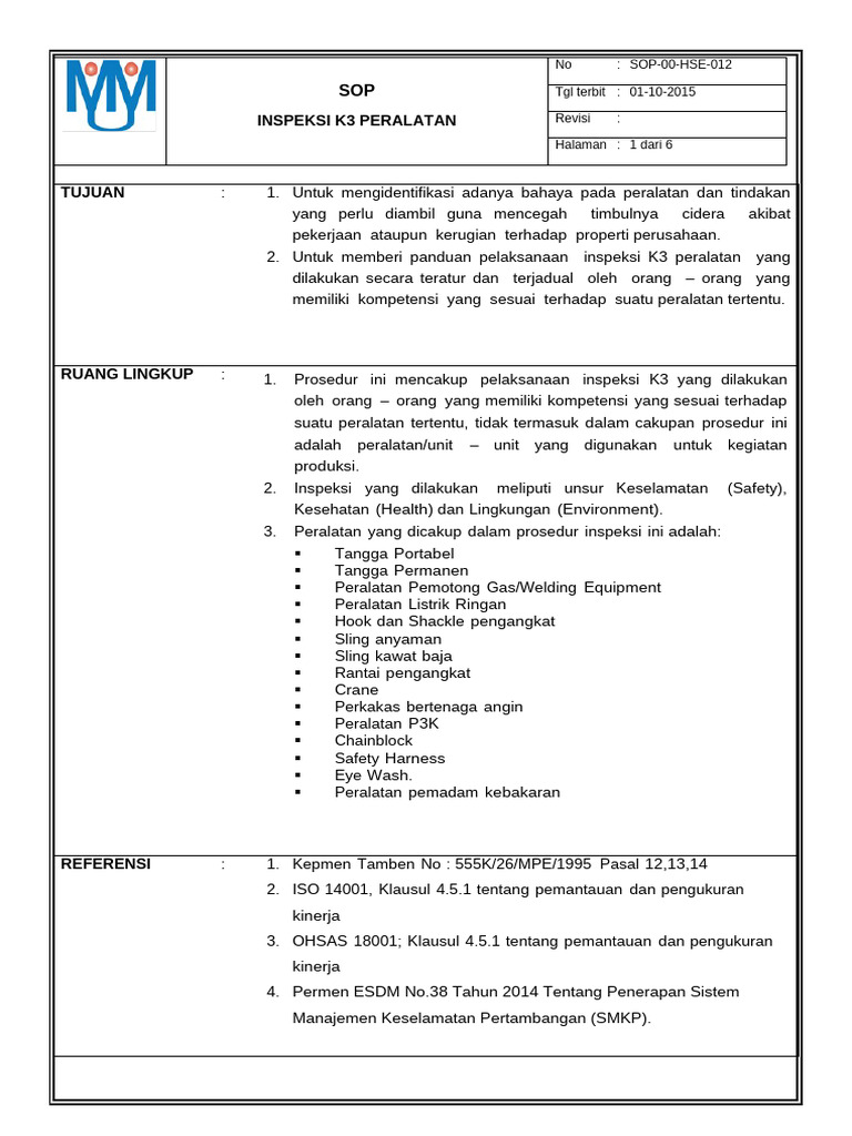 Sop 00 Hse 012 Inspeksi k3 Peralatan | PDF