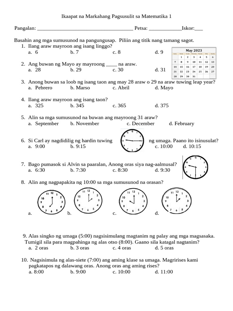Grade 1-Ikaapat-Na-Markahang-Pagsusulit-Sa-Matematika-S.y.-2022-2023 | PDF