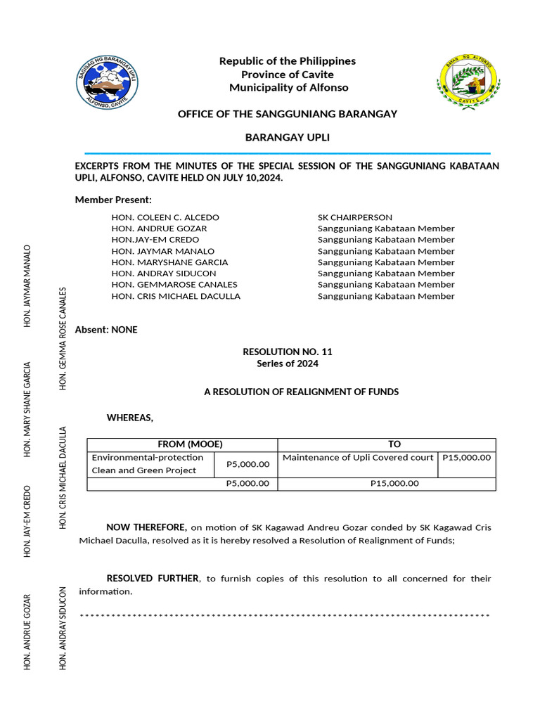RESO. NO. 11-2024 Realignment | PDF