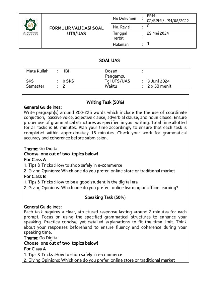 Soal Uas Ibi FTK Semester Genap 2024-1 | PDF