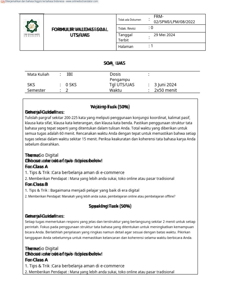 SOAL UAS IBI FTK SEMESTER GENAP 2024-1.en - Id | PDF