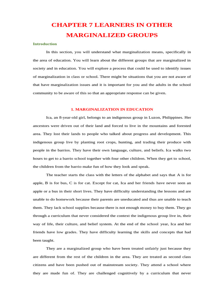 Sped Reviewer - Chapter 7 Learners in Other Marginalized Groups | PDF